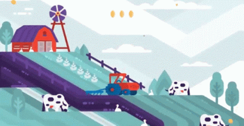 Гифка "Поле, Ферма, Трактор, Коровы, Вспахиватьполе, Field, Farm, Cows ...